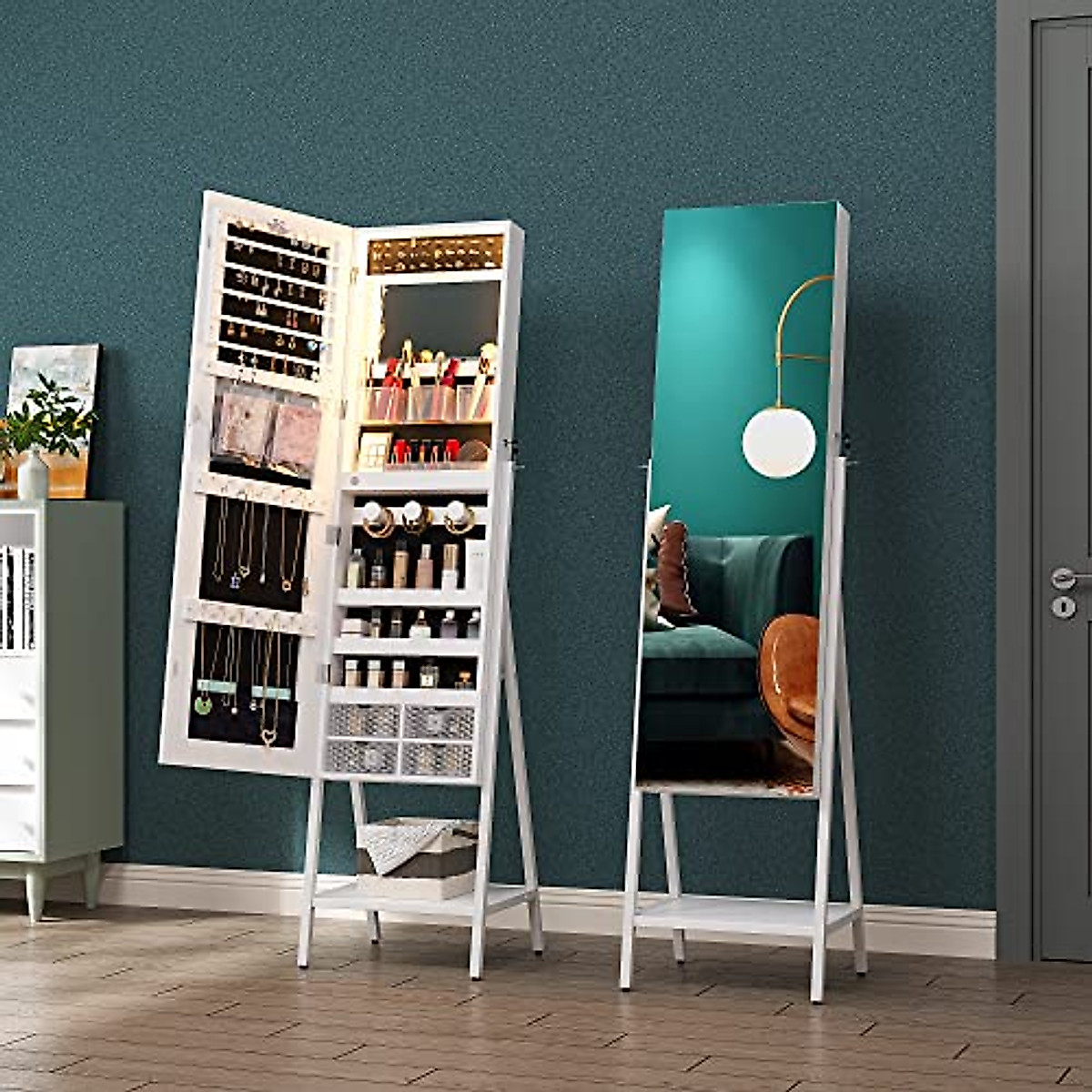 HNEBC Jewelry Cabinet Armoire with Lights,Lockable Jewelry Organizer Standing 47.2''Full-Length MirrorJewelry Boxes for Women Mirror with Jewelry Storage,Built-in LED Makeup Mirror/Drawer(White)