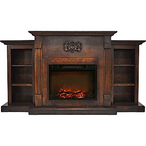 Cambridge 72-Inch Sanoma Electric Fireplace in Walnut with Built-in Bookshelves and a 1500W Charred Log Insert