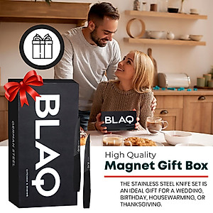 BLAQ Steak Knives Set of 4, German Stainless Steel Serrated Steak Knives with Ergonomic Handles - Dishwasher Safe Steak Knife Set - High Carbon Matte Black Steak Knives with Gift Box