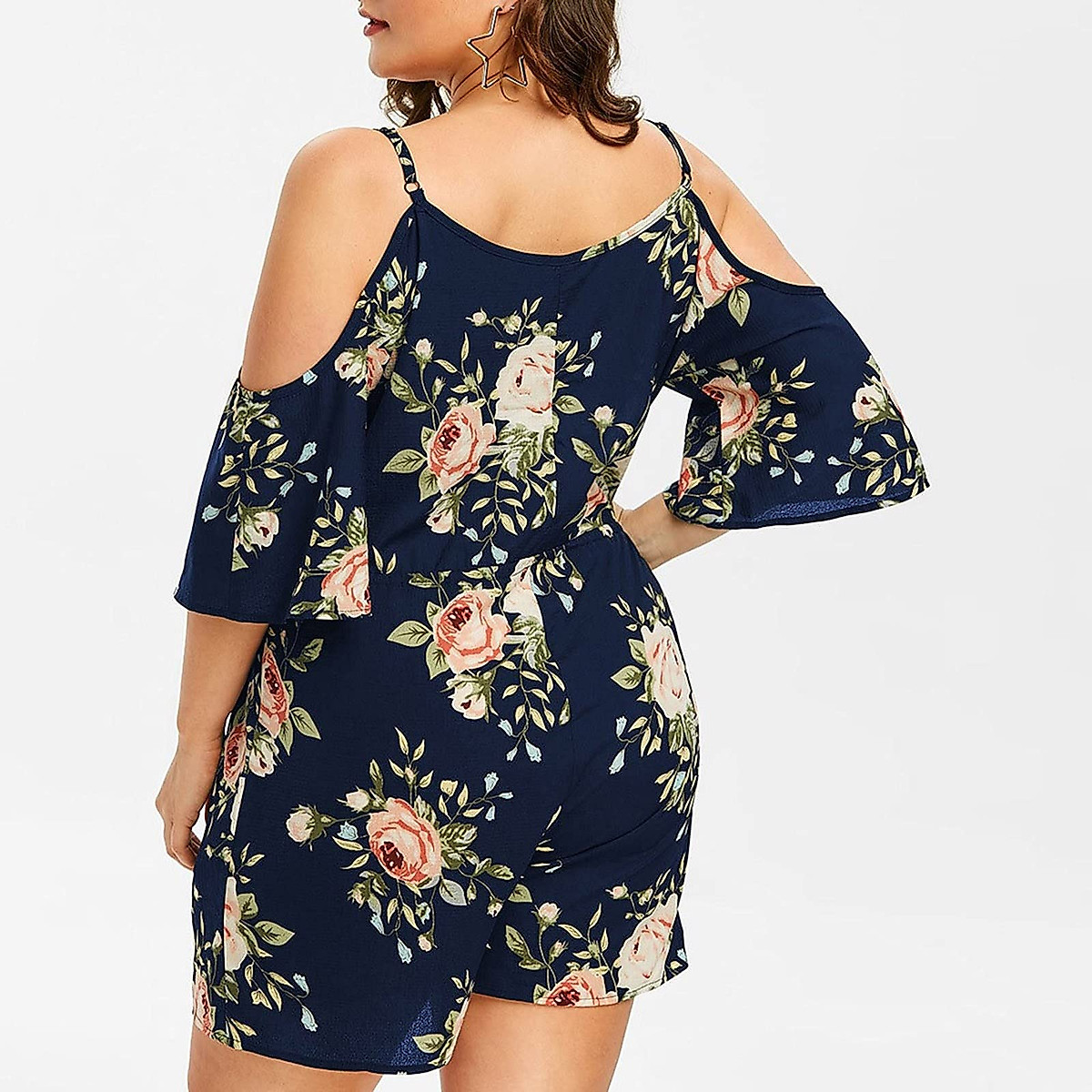Padaleks Women Plus Size Floral Printed Jumpsuits Casual Short Sleeve Cold Shoulder Shorts Rompers Wide Leg Pants