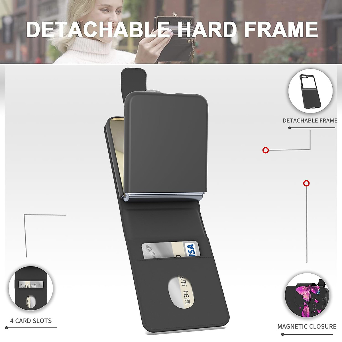 Warmson for Samsung Z Flip 5 Case, Samsung Z Flip 5 Wallet Case with Ring Card Slot Galaxy Z Flip 5 Case PU Leather Protective Flip Folio Z flip 5 Case Galaxy Butterfly for Women Girls