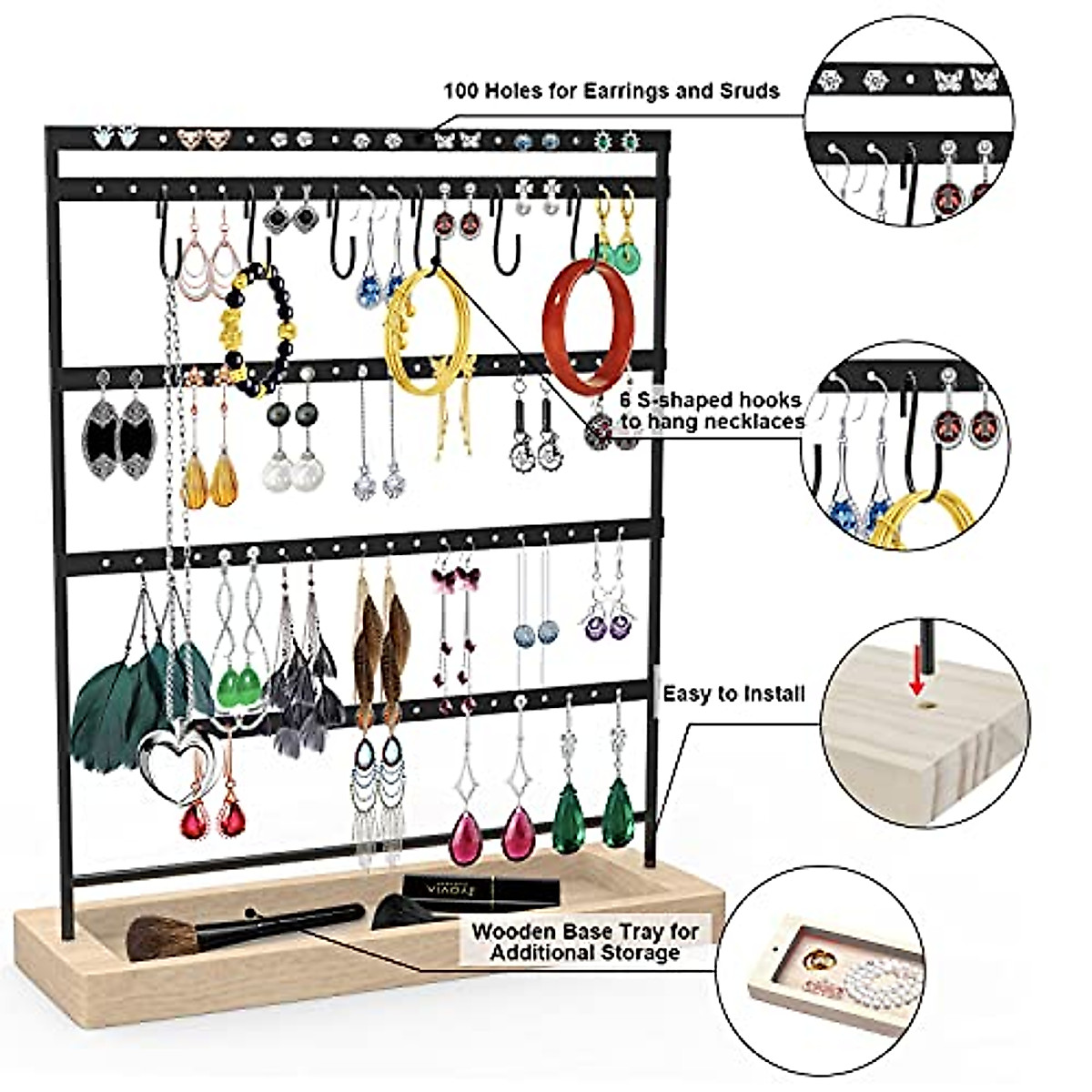 ANNDOFY Earrings Organizer Jewelry Display Stand, 5-Tier 100 Holes Earring Holder Rack for Hanging Earrings, Metal and Wood Basic Large Storage Earring Jewelry Display Tree as Women Girls Gift
