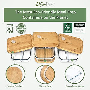 EcoPreps Glass Bento Box Containers with Bamboo Lids, 3 Compartment Glass Meal Prep Containers [3 Pack] - 100% Plastic Free, Eco-Friendly Glass Lunch Containers, Bamboo Glass Bento Boxes for Adults