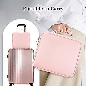 DROWIN Pink Makeup Bag with Mirror, Makeup Bags for Women, Travel Makeup Train Case, Makeup Organizer Bag, Adjustable Dividers & Support Straps, Portable Storage Bag for Makeup Brushes Toiletry