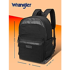 Wrangler Powell Backpack for Travel Classic Logo Water Resistant Casual Daypack for Travel with Padded Laptop Notebook Sleeve (Black)