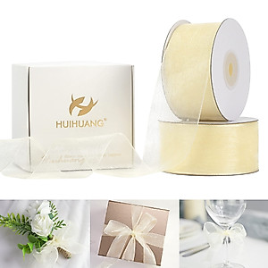 HUIHUANG 2 Rolls Shimmer Sheer Organza Ribbon 1-1/2 Inch Ivory Chiffon Fabric Ribbon for Wedding Gift Wrapping Floral Bouquet Baby Shower All Types of Crafts - 50 Yards Each Roll