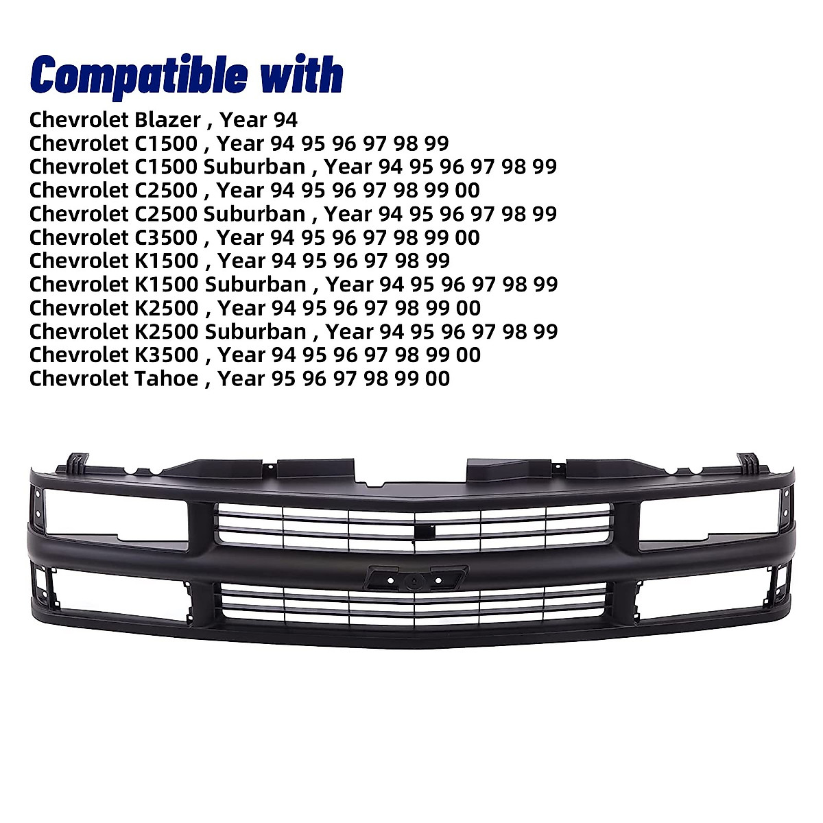 JustDrivably Replacement Parts Front Grille Grill With Black Shell Frame With Black Insert With Dual Headlight Type Compatible With Chevrolet C/K 1500 2500 3500 Full Size 1994-2000 Suburban