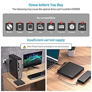 ORIGBELIE External DVD Drive, CD Drive USB 3.0 Typle C CD/DVD ROM +/-RW Adapter with USB Port DVD Burner for Laptop PC Desktop Computer, Optical Disk Drive CD Player Compatible with Mac Windows Linux