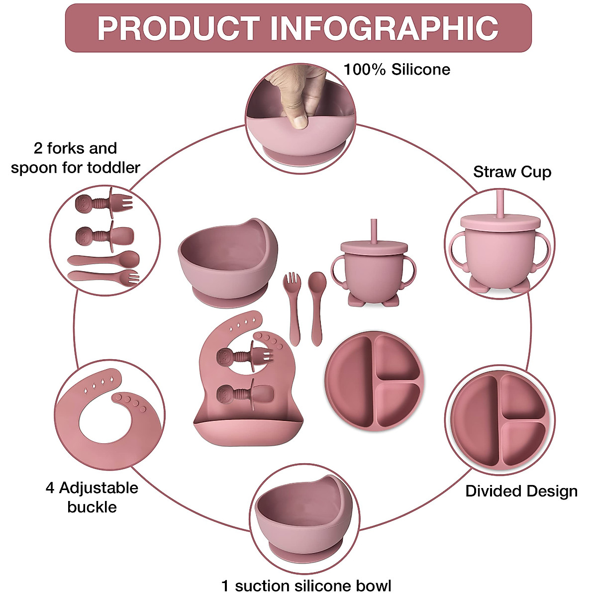 mutualproducts - Baby Feeding Supplies 8-Piece | Baby Led Weaning Utensils Set Includes Suction Bowl and Plate, Spoon and Fork, Sippy Cup with Straw and Lid (Peach Pink)
