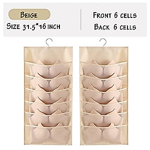 YUNZSXJY Bra organizers hanging bra storage bra hanger Double Sided with Pockets,Space Saving closet organzier for Bra underwear Clothes Socks wardrobe (Beige, 2PCS 6+6 Pockets)