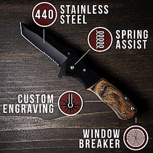 Personalized Pocket Knife For Men, Automatic Spring Assisted Tactical Switchblade Folding Knives With Belt Clip, Sharp Blades, Rosewood Custom Laser Engraved Gifts for Him, 1 Pc, EngraveMyMemories