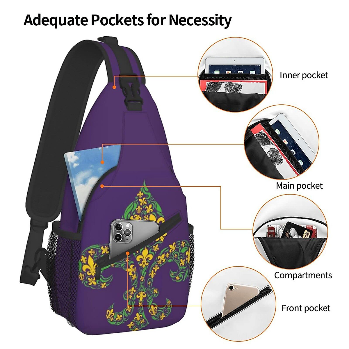 Sling Backpack Purple Fleur Mardi Gras Travel Hiking Daypack Pattern Rope Crossbody Shoulder Bag
