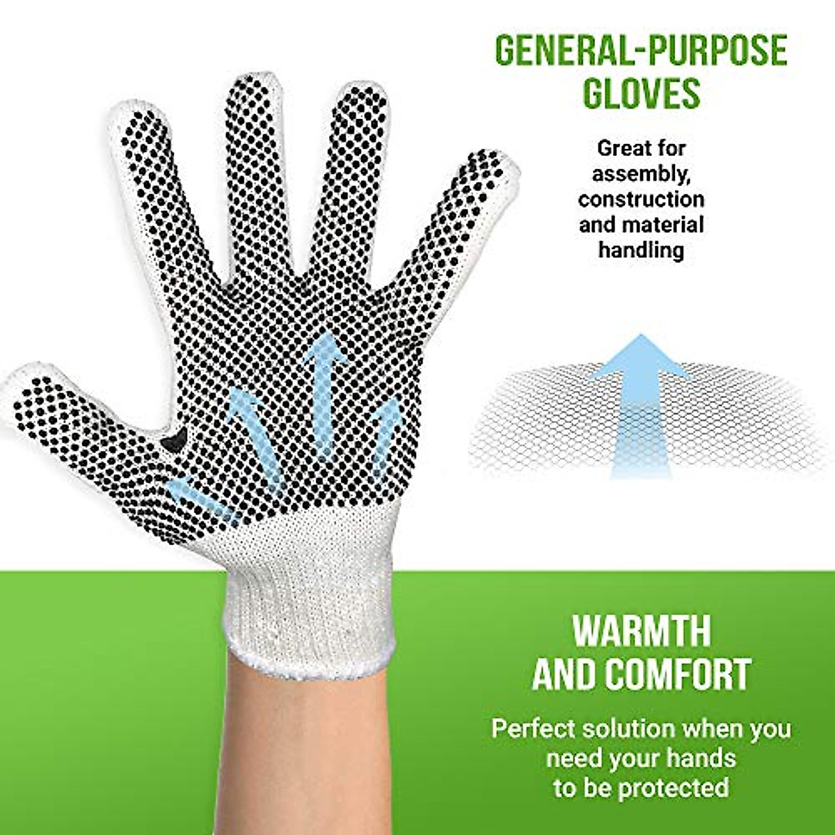 ABC String Knit Gloves with Grip Dots 10'', Pack of 24 White Work Cotton Gloves with Polyester Materials, Reusable PVC Dotted Working Gloves, Safety Work Gloves for Industrial Work