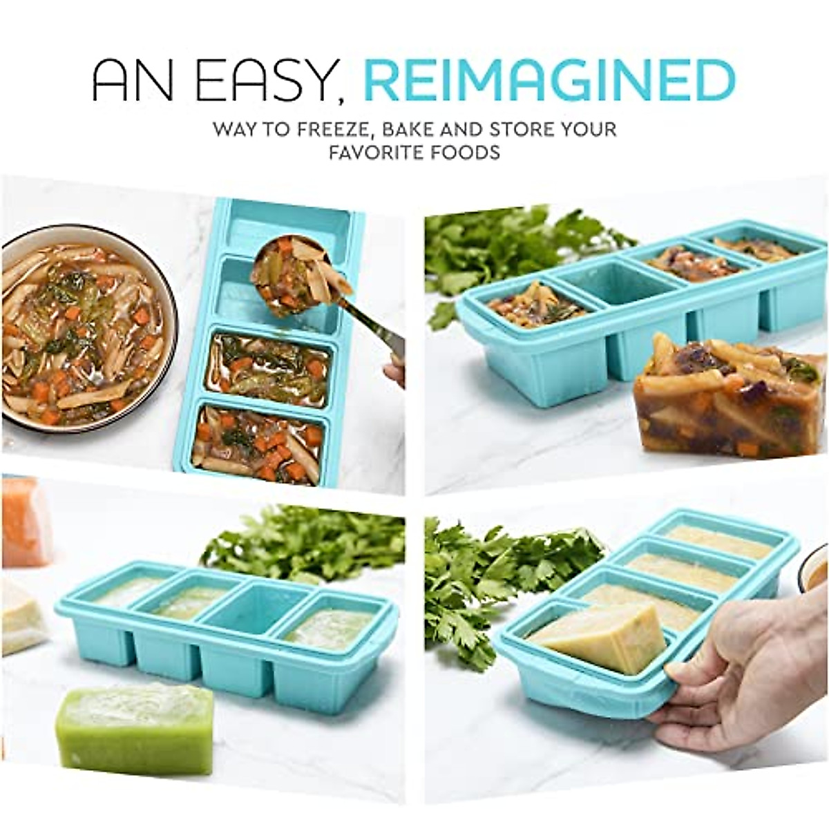 Large Ice Cube Freezing Tray - Soup Freezing Tray with Airtight Transparent Lid - 4Individual Compartments With Portion Scales - Storage For Broth, Sauces & Liquid Meal Prep - Oven & Dishwasher-Safe