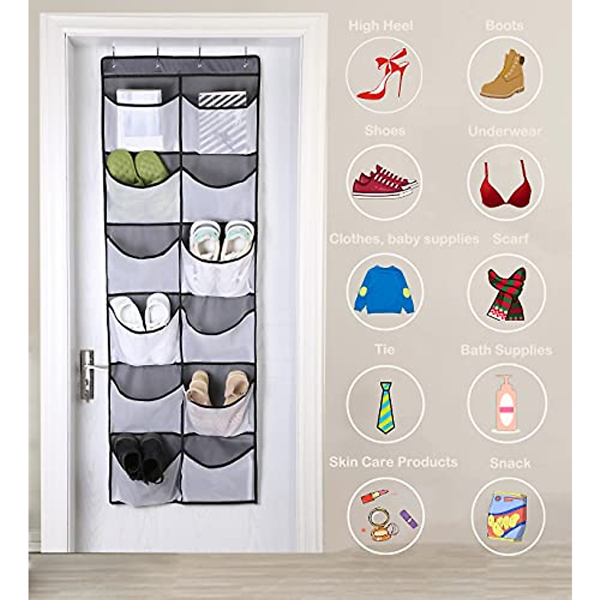 JULEVTOYR Over The Door Shoe Organizer, 12 Extra Large Mesh Breathable Pockets Hanging Shoe holder,Closet Organizers and Storage Hanging,Over The Door Shoe Boots Rack with 4 Hooks