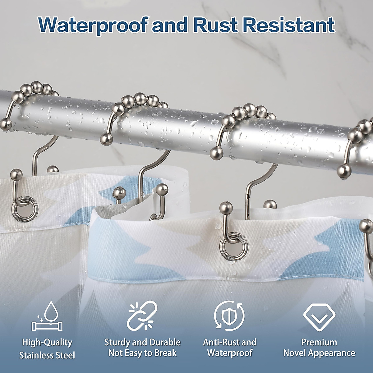 DAWNER Shower Curtain Hooks, Rust Proof Metal Easy Glide Double Rings, Stainless Steel Hangers for Bathroom Curtains, Set of 12, Brushed Nickel