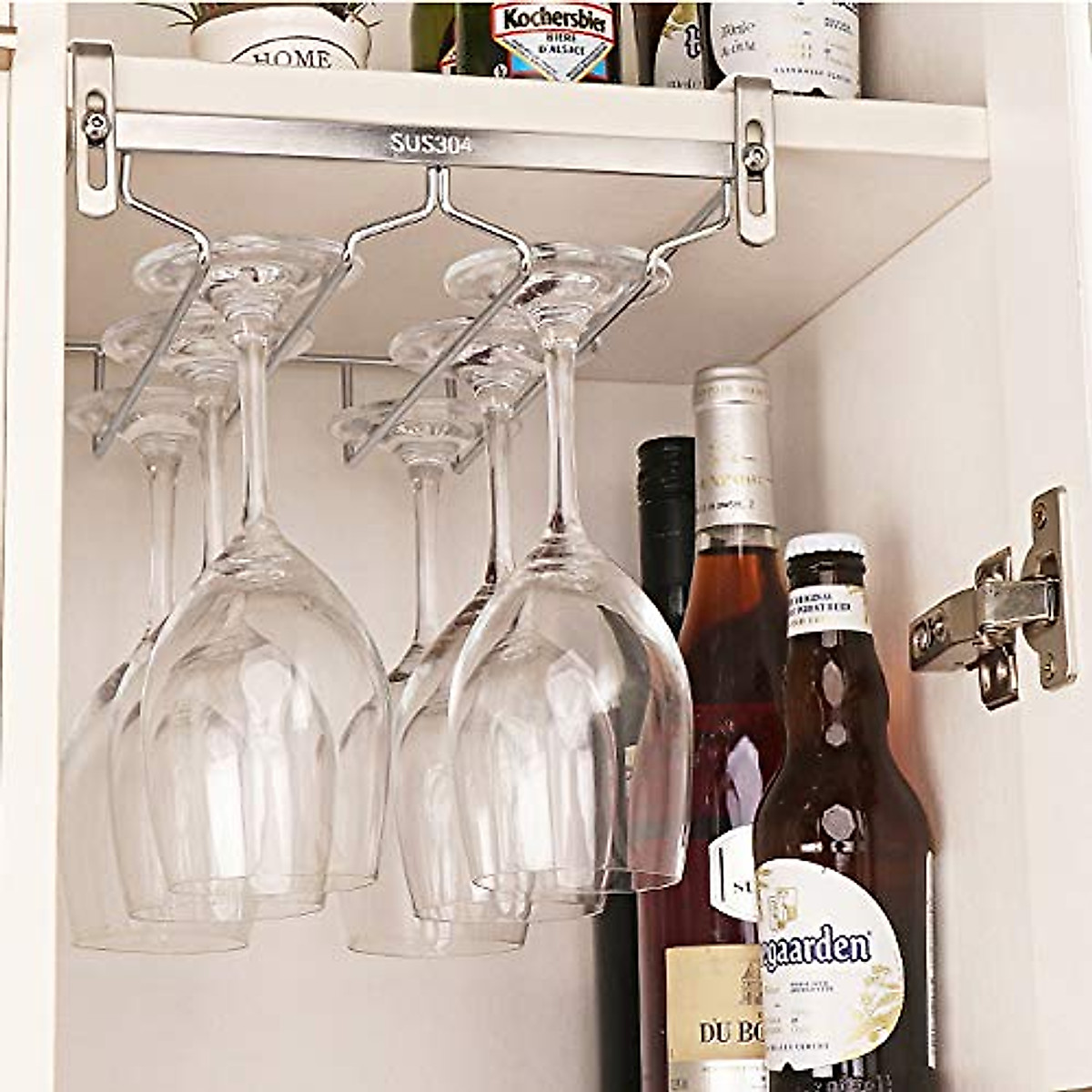 Wine Glass Rack, Stemware Glass Rack Under Cabinet Hold up to 8 Wine Glasses / 3 Rails Stemware Rack, Adjustable Stainless Steel Glasses Holder Storage Hanger for Kitchen, Bar (Silver)