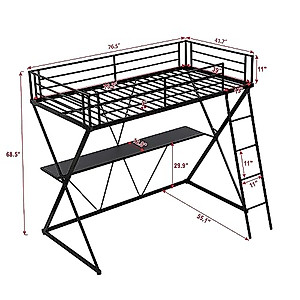 DEYOBED Twin Size Metal Loft Bed with Desk, X-Shaped Frame, Ladder, and Guardrails, Space-Saving Kids' Bedroom Furniture, Black