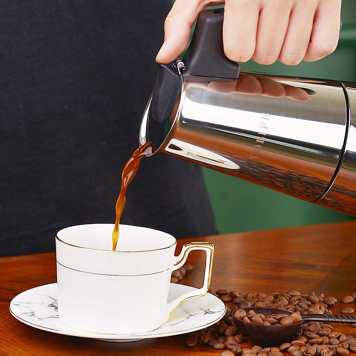 YOLIFE Stovetop Espresso Maker, Italian Moka Pot, 6 Cups/ 300 ml/10 oz (espresso cup=50ml) Stainless Steel Greca Cafe Maker Suitable for Induction Home Office Camping Cookers