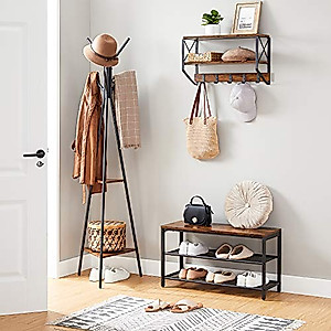 VASAGLE Coat Rack Freestanding, Coat Hanger Stand, Hall Tree with 2 Shelves, for Clothes, Hat, Bag, Industrial Style, Rustic Brown and Black URCR16BX