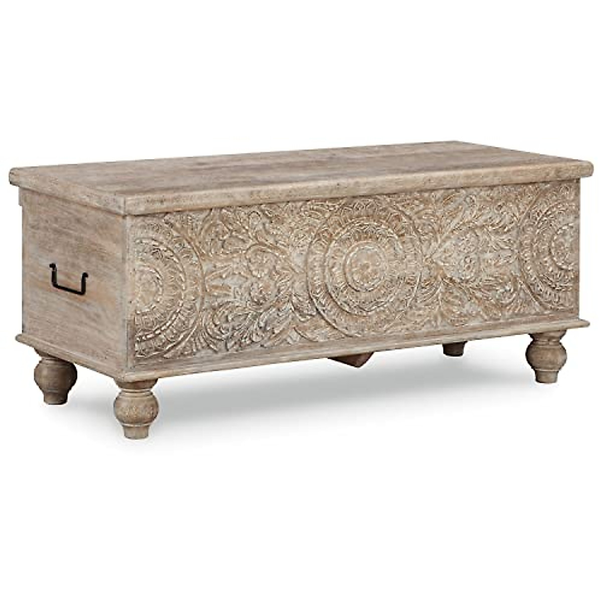 Signature Design by Ashley Fossile Ridge Boho Carved Wood Storage Bench with Hinge Top, Beige