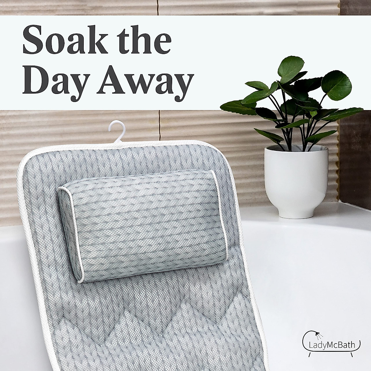 Lady McBath Full Body Bath Pillow - Luxury Bath Cushion for Tub, Neck, Shoulder, and Back Support - 21 Powerful Non-Slip Suction Cups, Machine Washable, Quick-Drying Bath Tub Back Cushion