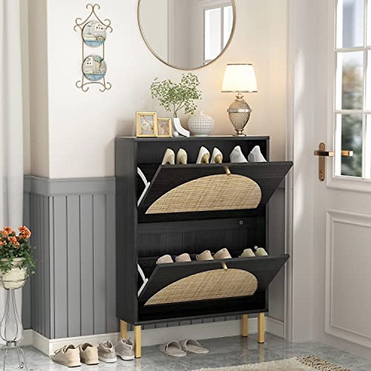 Angel Sar Rattan Shoe Cabinet with 2 Flip Drawers, Slim Narrow Wood Shoe Storage Cabinet, Organizer for Entryway, Hallway, Bedroom, Apartment(Up to Women’s 9.5, Men’s 8.) Black