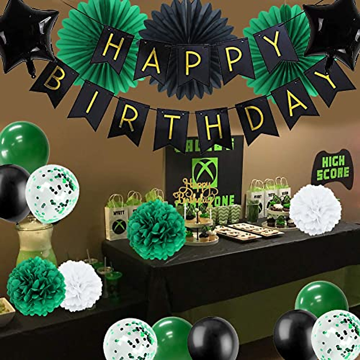 Green Black Birthday Decorations for Men with Happy Birthday Banner Hanging Paper Fans Pom Poms Confetti Latex Balloons Boys Gaming Party Supplies