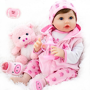 Aori Lifelike Reborn Baby Dolls 22 Inch Realistic Weighted Newborn Toddler Girl with Pink Clothes and Piggy Toy Accessories Best Birthday Set for Girls
