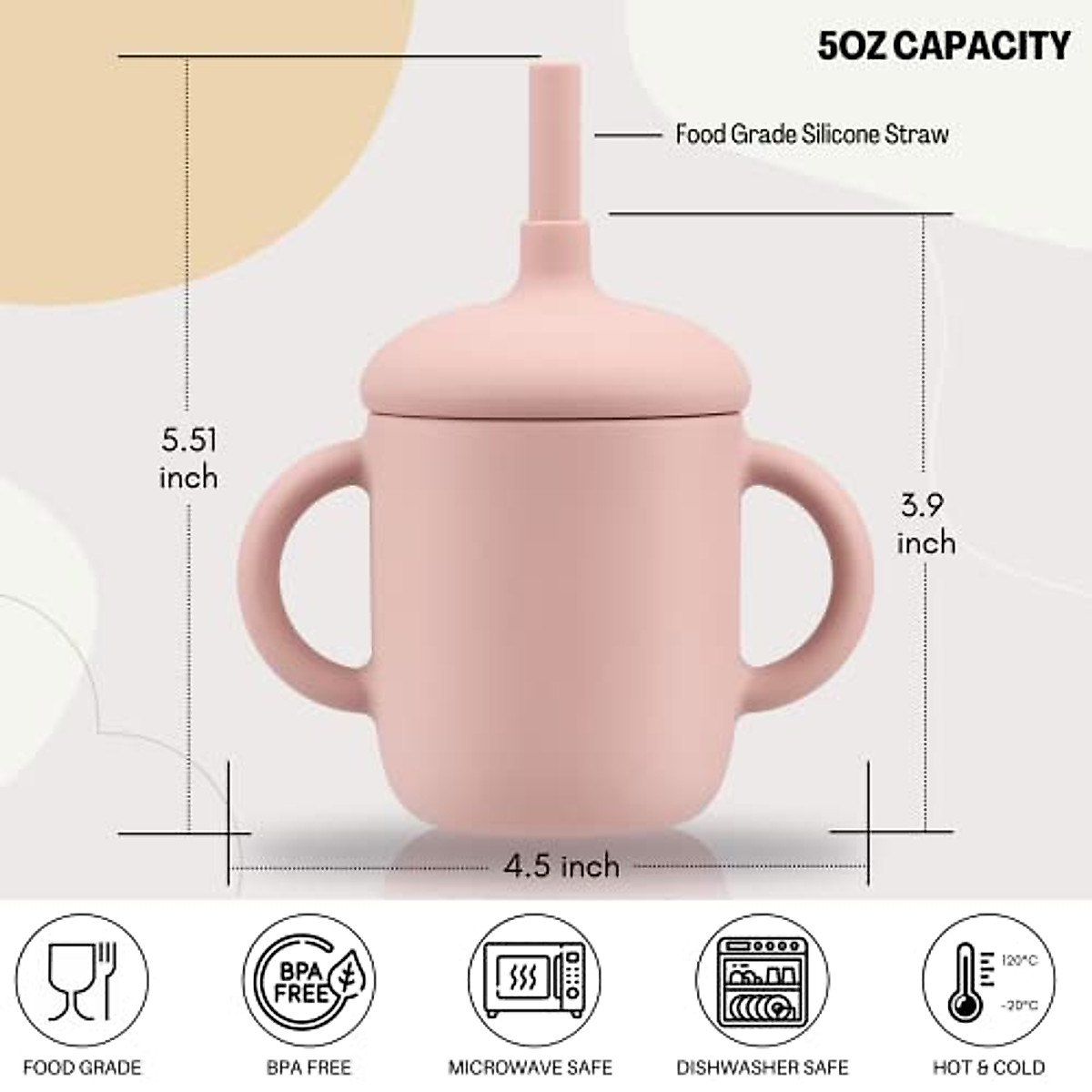Mintlyfe Baby Trainer Cup, Silicone Training Cup with Handles Lid and Straw, BPA-Free, Unbreakable, Spill Proof and Non-Slip Handles Sippy Cup for Toddlers, 5 oz (Blush)