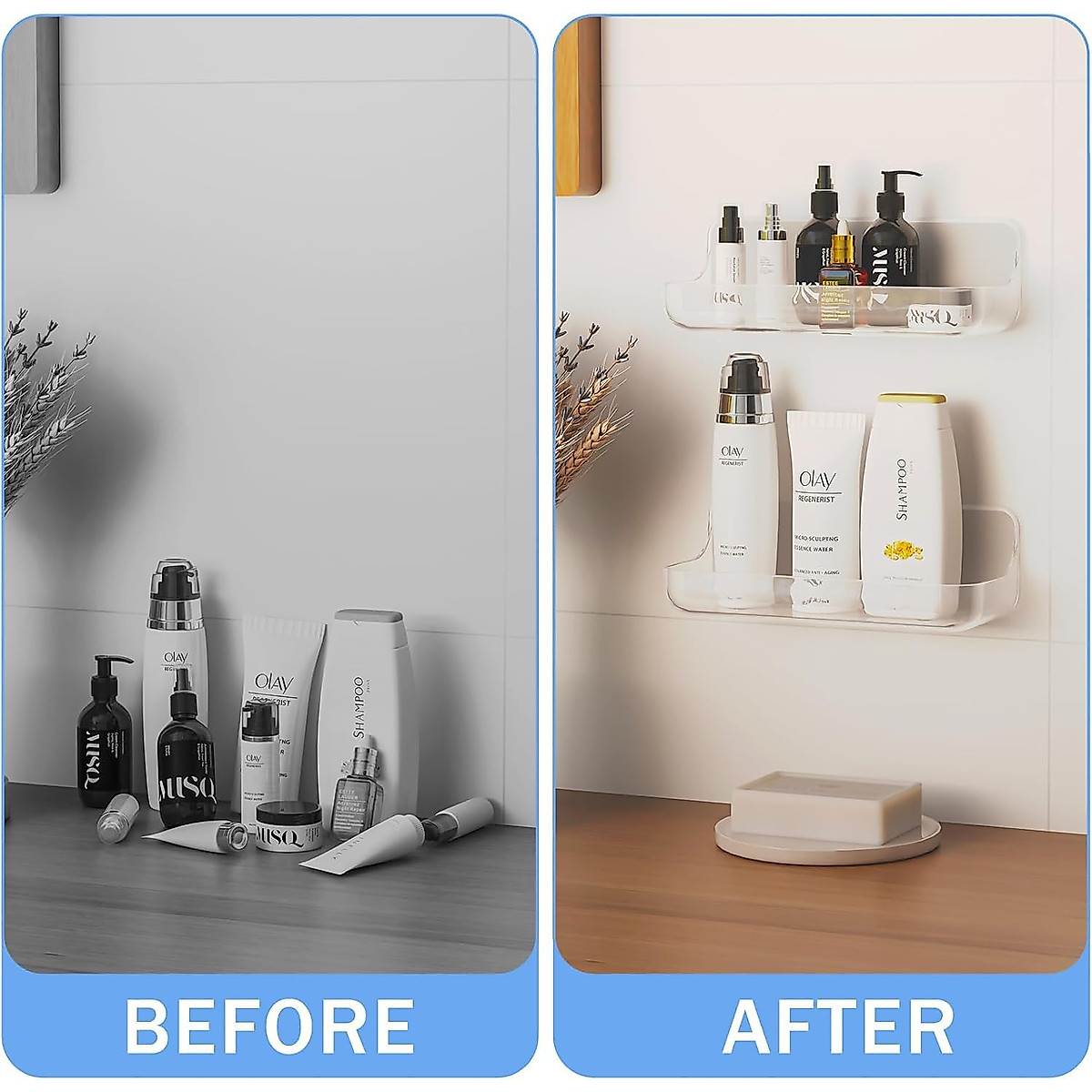 2 Pack Acrylic No Drill Adhesive Shelf, Wall Mount Organizer Shower Bathroom Shelves, Clear Stick On Shelf for Kitchen, Living Room