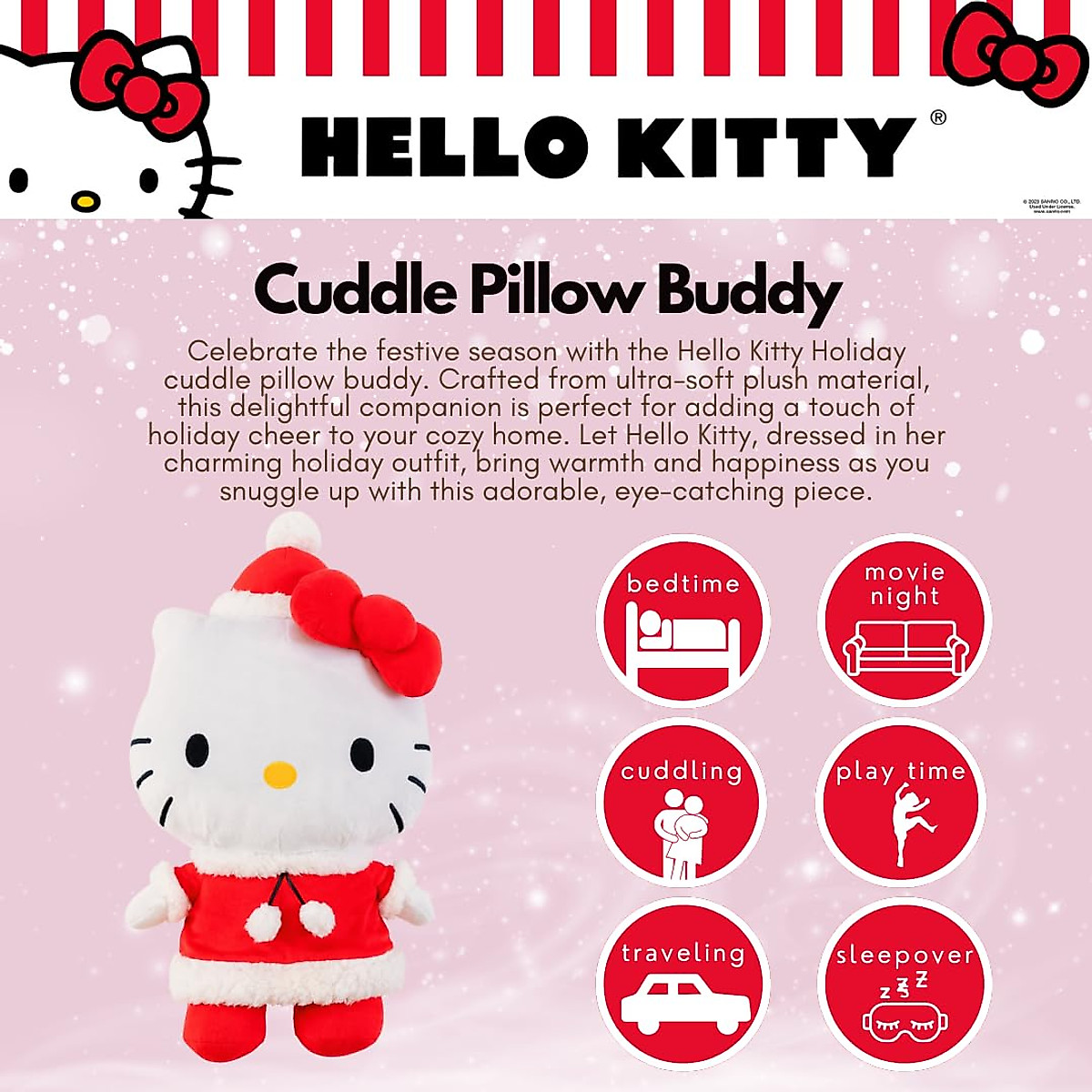 Franco Hello Kitty Santa Holiday & Christmas Bedding Super Soft Plush Cuddle Pillow Buddy, (Officially Licensed Product)