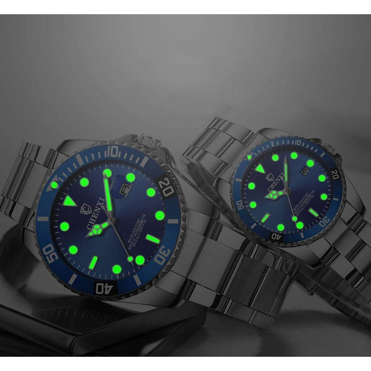 MASTOP Couple Watches Classic Golden Stainless Steel Watch His and Hers Waterproof Quartz Watch (Silver Green)