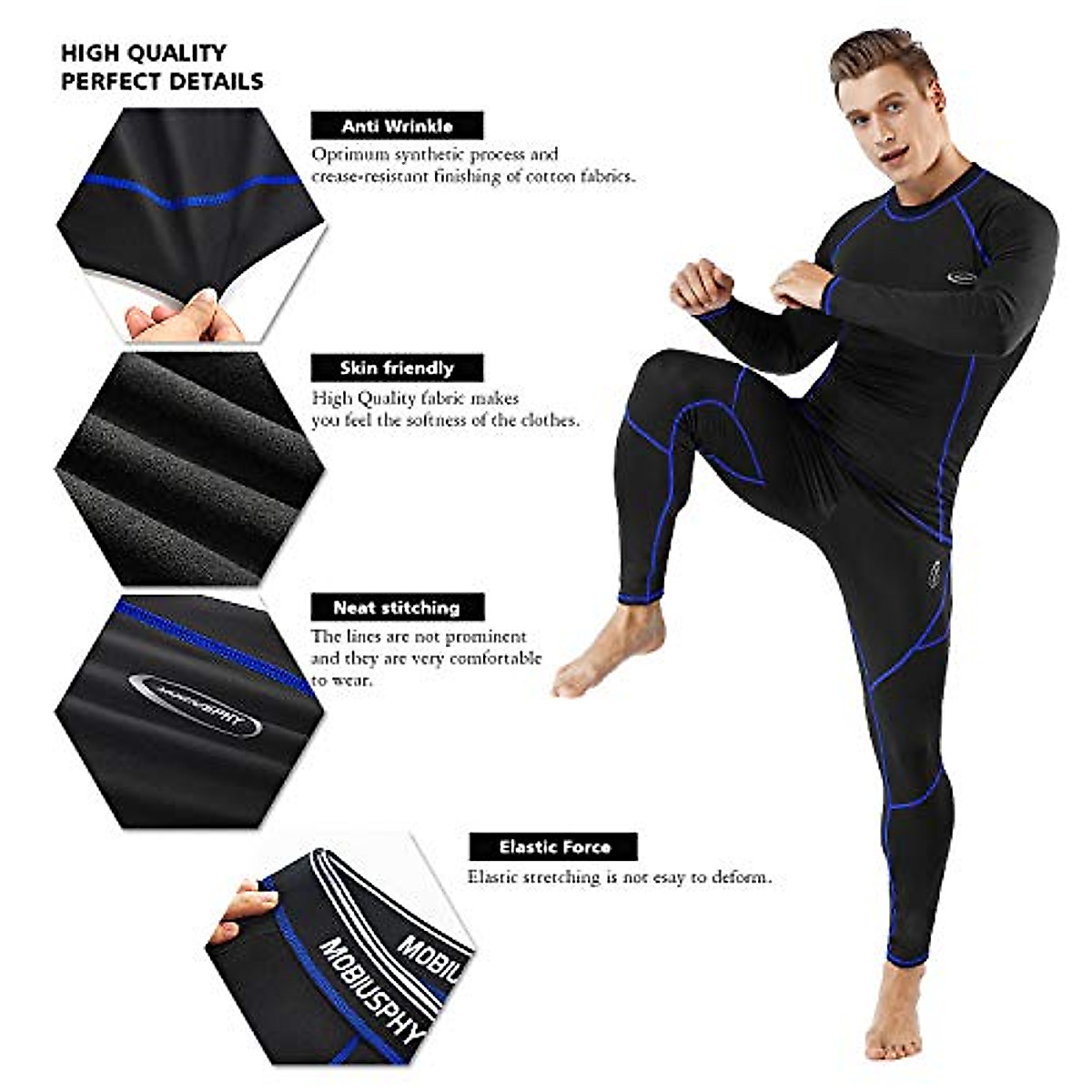 MOBIUSPHY Thermal Underwear for Men Long Johns Set with Fleece Lined Base Layer Top Bottom Black