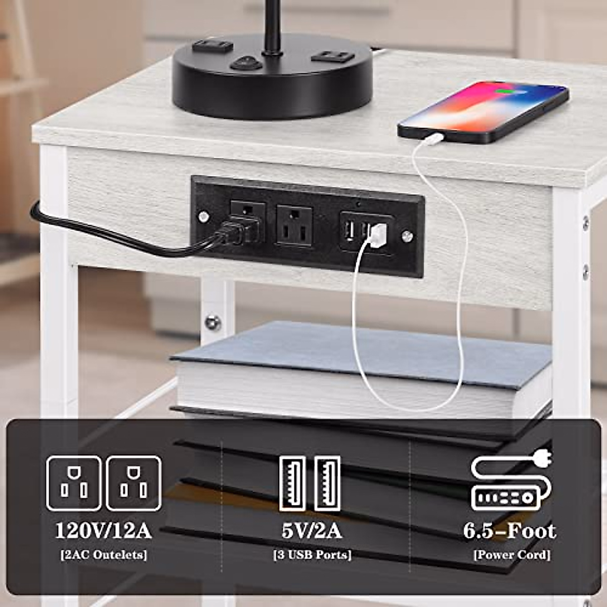 White Nightstand with Charging Station 3 Tier Small End Table with Storage Shelf Modern Farmhouse Bed Side Table with USB Ports and Outlets for Small Space Living Room Bedroom