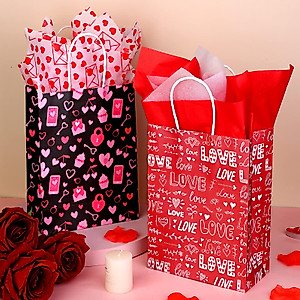 Fovths 16 Pieces Valentines Bags with 24 Sheets Tissue Paper 8.6 Inch Valentine Paper Gift Bags with Handle Love Gift Bag for Valentine's Day Wedding Birthday Party Supplies