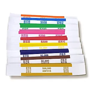 Essential Currency Straps –450 Assorted Bill Wrappers, Money Bands to Organize Bills, ABA Standard Colors, Self-Adhesive, 7.5 x 1.15 Inches (450 Assorted/ 50 of Each)