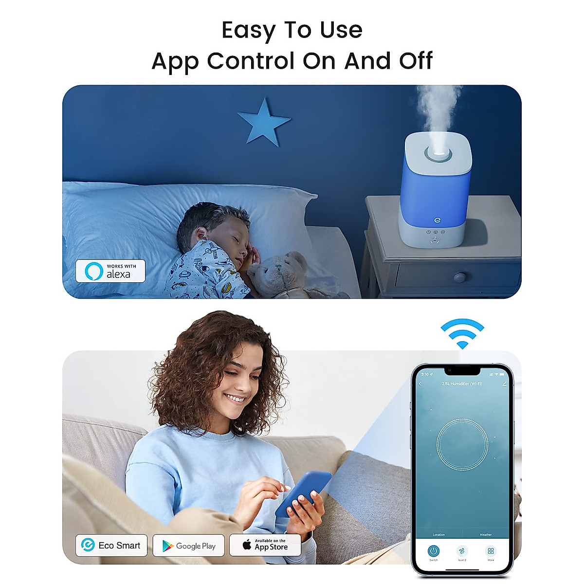Humidifiers for Bedroom Large Room, Esemoil Smart WiFi Cool Mist Humidifiers for Baby, 3.5L Top Fill & 28dB Quiet, 40H Air Ultrasonic Diffuser with 8 Color Light, Voice Control, Compatible with Alexa