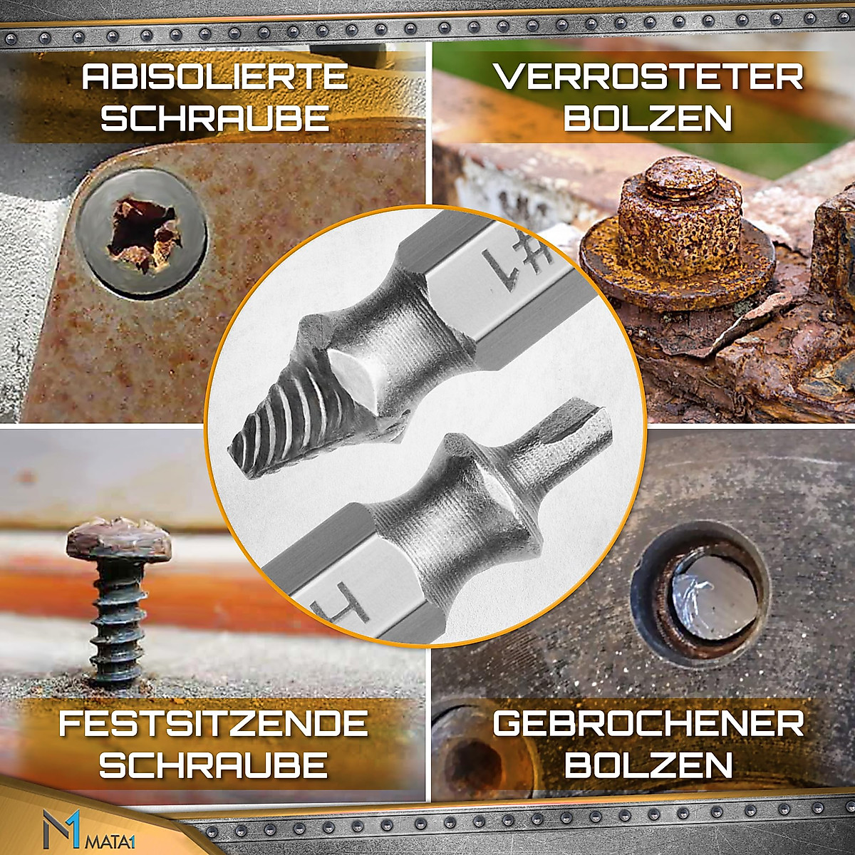 Mata1 Double-Sided Screw Extractor Set (6 pc, Stainless Steel), Stripped Screw Remover Drill Bits Kit w/Case