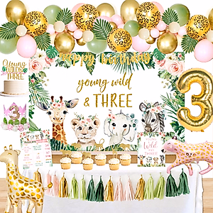 YSHMFEUX Young Wild & Three Birthday Decorations Party Supplies, Wild Three Birthday Decorations for Girl, Jungle Safari Animal 3rd Birthday Decorations Girl, Wild And Three Backdrop Balloons Arch