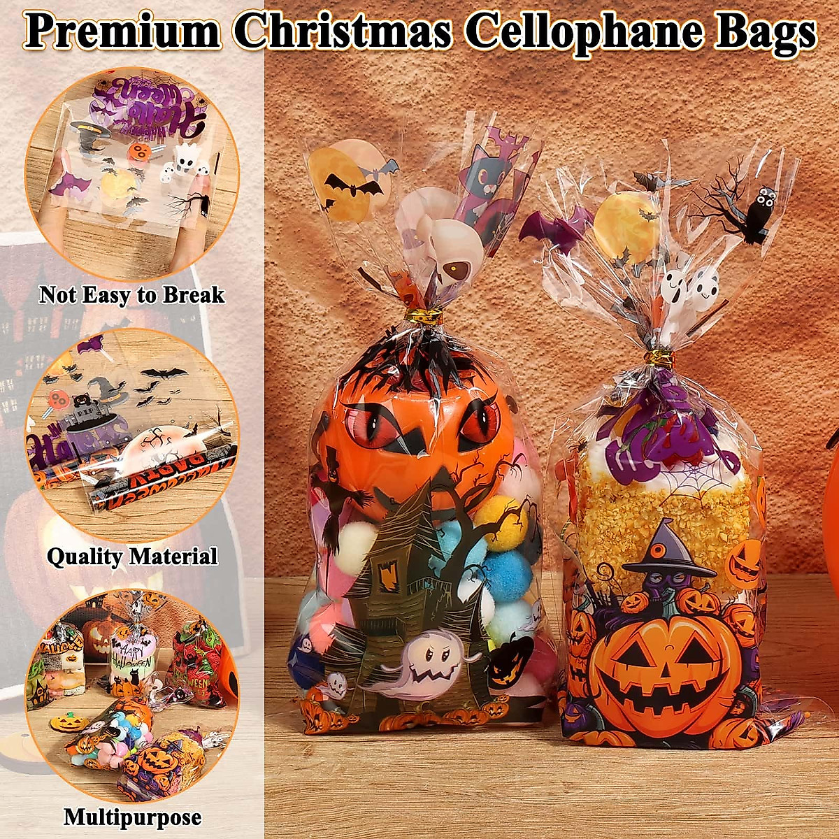 shynek 200 Pcs Halloween Treat Bags for Candy, Halloween Cellophane Goodie Bags Bulk Plastic Clear Candy Bags Trick or Treat bags with Twists for Halloween Party Favors Snacks Cookies Packing
