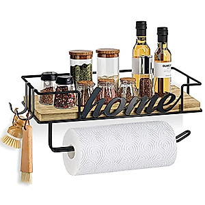 Paper Towel Holder with Shelf, Wall Mounted Paper Towel Roll Rack Basket for Kitchen, Paper Towel Holder Under Cabinet, Paper Towel Holder Wall Mounted with Storage Shelf and Hooks