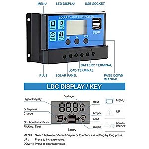 12V 24V Solar Charge Controller,KIMISS LCD Display Solar Charge Discharge Controller PWM Solar Controller Dual USB Output Regulator for Home Industrial Car (30A)