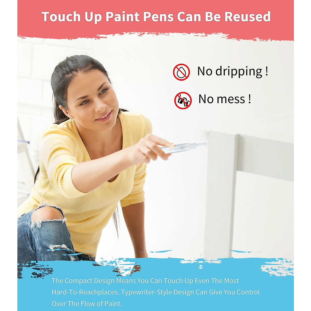 Fillable Touch Up Paint Pen Brush, 3 Pcs Paint Pen for Wall Touch Up, Refillable Paint Pens for Walls, Wood Floors, Cabinets, Windows, Doors (6 Pcs(Pack of 1))