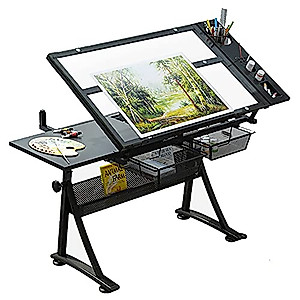 EESHHA Drawing Table Adjustable Glass Drafting Table,Versatile Art Study Table,with Storage Drawers,Art Studio Design Sketching Painting Work Station