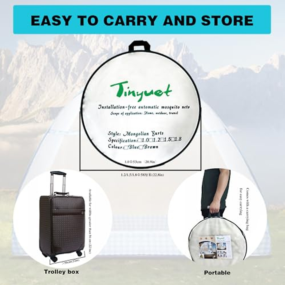 Tinyuet Mosquito Net for Bed, Portable Single Door Pop-up Mosquito Netting with Net Bottom, 39.3x78.7in Bed Tent for Indoor and Outdoor Use, Insect Screen - Blue Edge