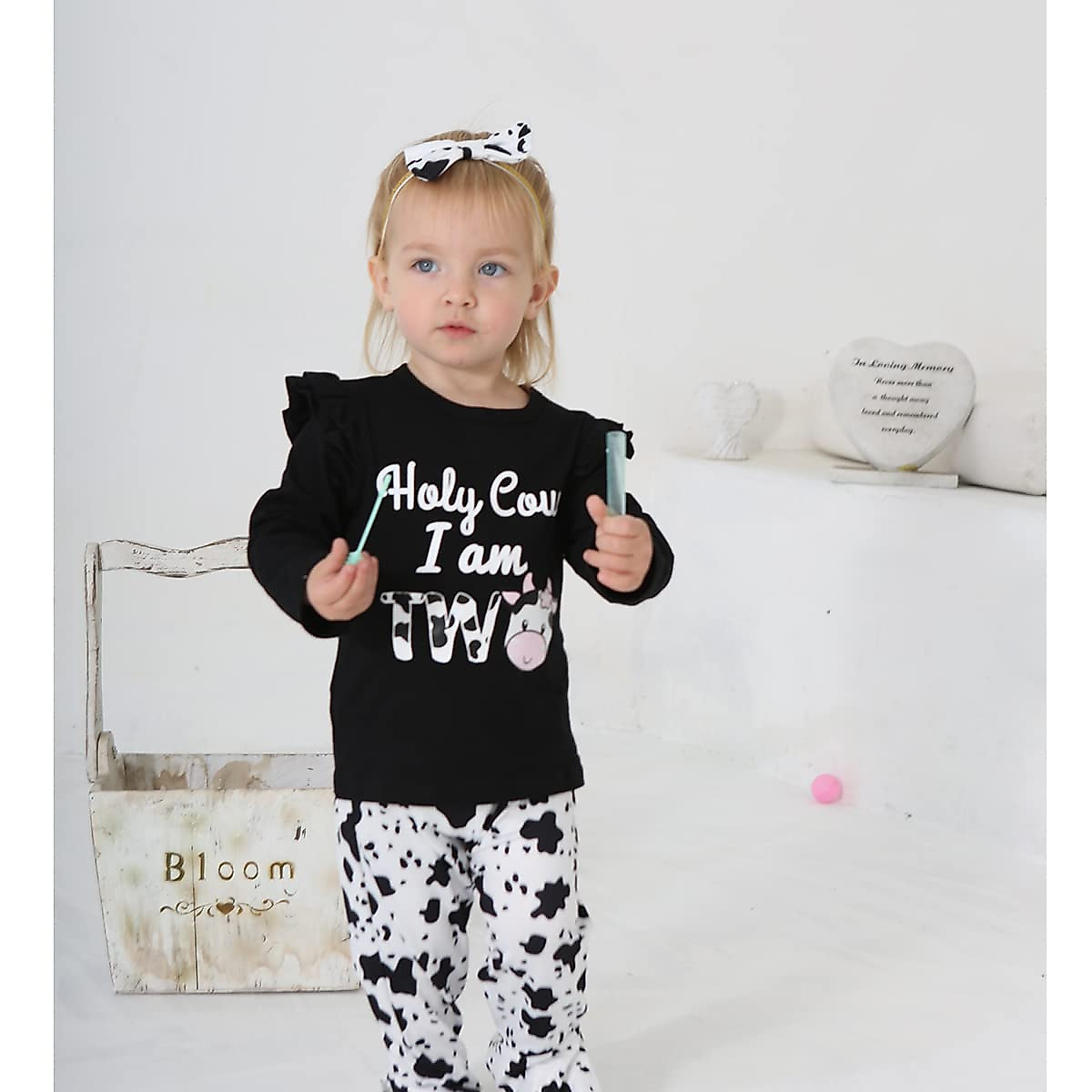 Slanavel Baby Girl Two Years Old Birthday Outfit Toddler 2nd Birthday Clothes Girl Holy Cow I'm Two Outfit Set (Black,2T)