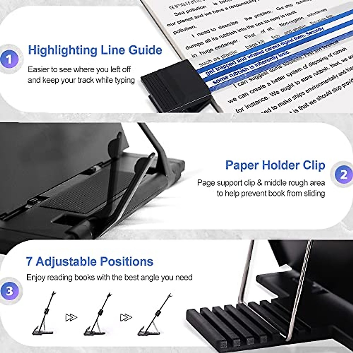 Desktop Document Holder Stand with 7 Adjustable Positions, Black Metal File Organizer Management Copyholder for Typing Speech Reading A4 Letter Music Book Tablet Office, with Paper Clip and Line Guide