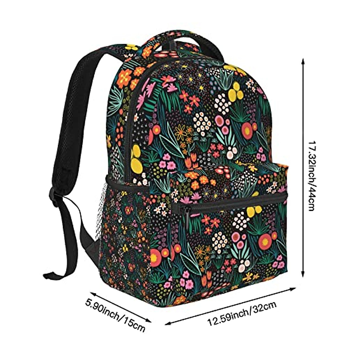 Black Flowers Backpack for Girls - Colorful Floral School Backpacks Wildflowers Plants Bookbag Spring Botanical Foliage Rucksack Seasonal Herb Leaves Daypack Travel Bag
