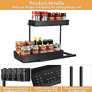 Under Sink Organizer 2 Tier, IVMAIE 2 Pack Under Sink Storage with 8 Hooks, L-Shaped Sliding Under Cabinet Shelf with Stopper, Small Plastic Undersink Organizers for Kitchen Bathroom, Black
